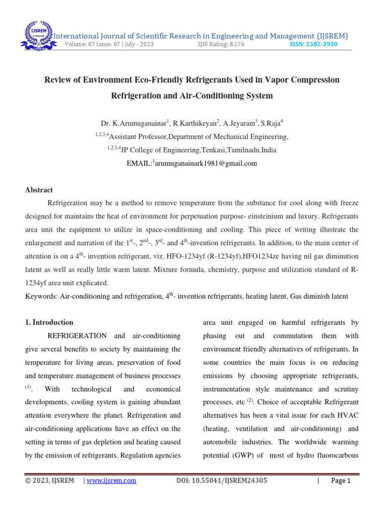 Review of Environment Eco-Friendly Refrigerants Used in Vapor Compression Refrigeration and Air ...