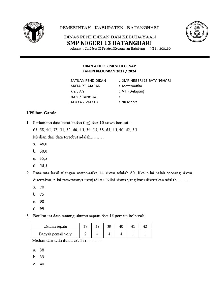 SOAL MTK KELAS VIII Genap 2024 | PDF