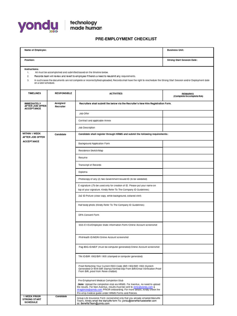 PRE-EMPLOYMENT CHECKLIST_2023 | PDF | Birth Certificate