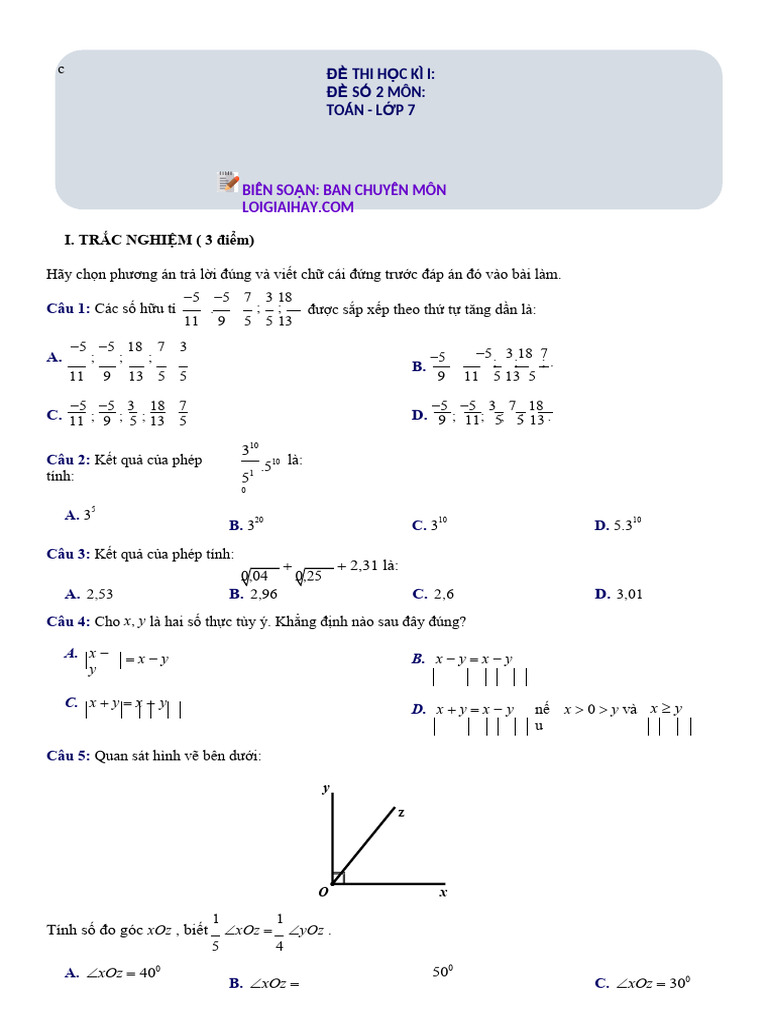 De Kiem Tra Hoc Ki 1 Toan 7 de So 2 Ket Noi Tri Thuc 1667898758 | PDF