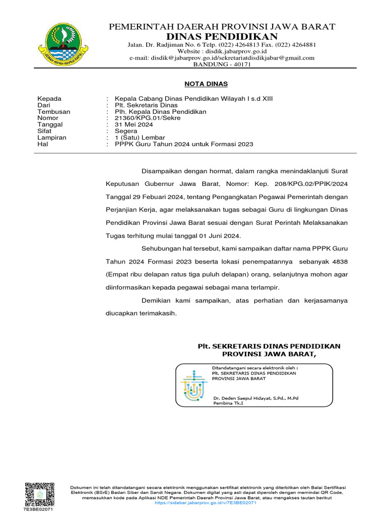 Nota Dinas Pppk Guru 2024 Untuk Formasi 2023 Kcd i Sd Xiii 31052024 ...