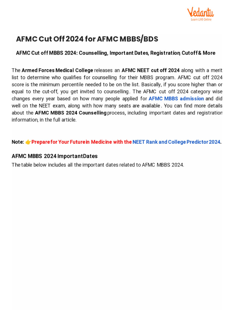 AFMC Cut Off 2024 For AFMC MBBS - BDS | PDF