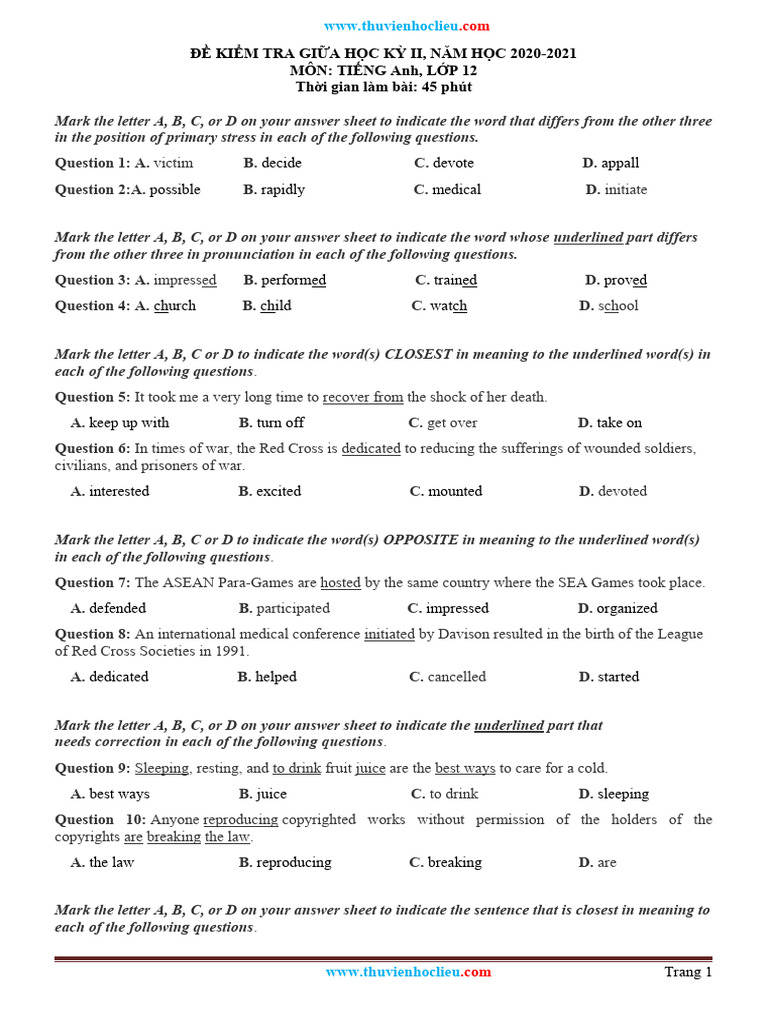 thuvienhoclieu.com-De-KT-giua-HK2-Tieng-Anh-12-De-1 | Download Free PDF | American Red Cross ...