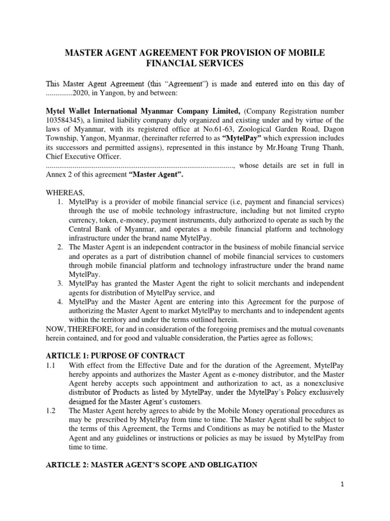 Master Agent Agreement for MytelPay Services | PDF | Taxes | Indemnity