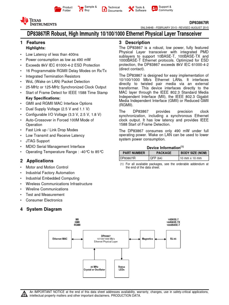 Dp83867ir Rgmii | PDF | Networking Standards | Physical Layer Protocols