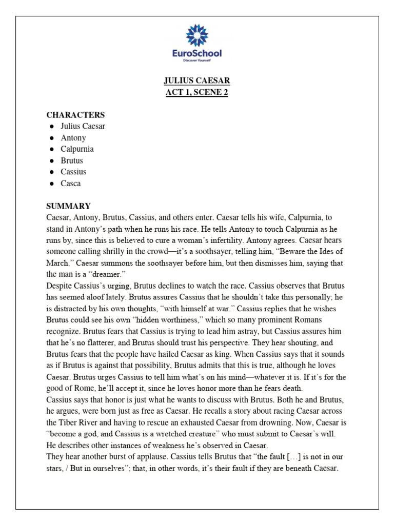 Julius Caesar Act 1 Scene 2 Summary | PDF | Julius Caesar | Mark Antony