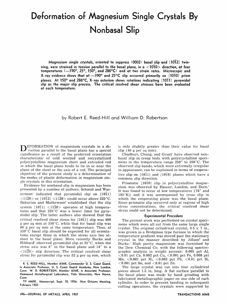 Deformation of Magnesium Single Crystals by Nonbasal Slip | PDF ...