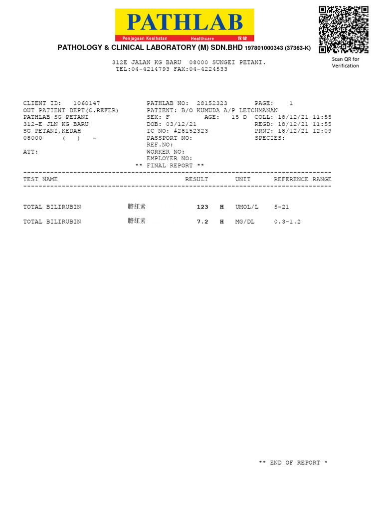 Pathology & Clinical Laboratory (M) SDN - BHD: Scan QR For Verification ...