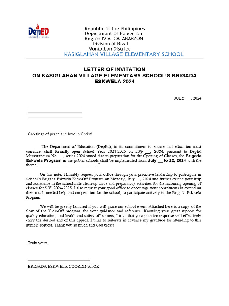 Letter of Invitation Brigada Eskwela | PDF