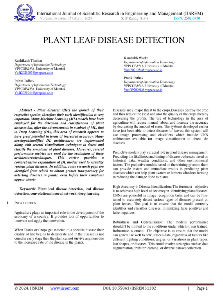 Plant Leaf Disease Detection | PDF | Machine Learning | Deep Learning