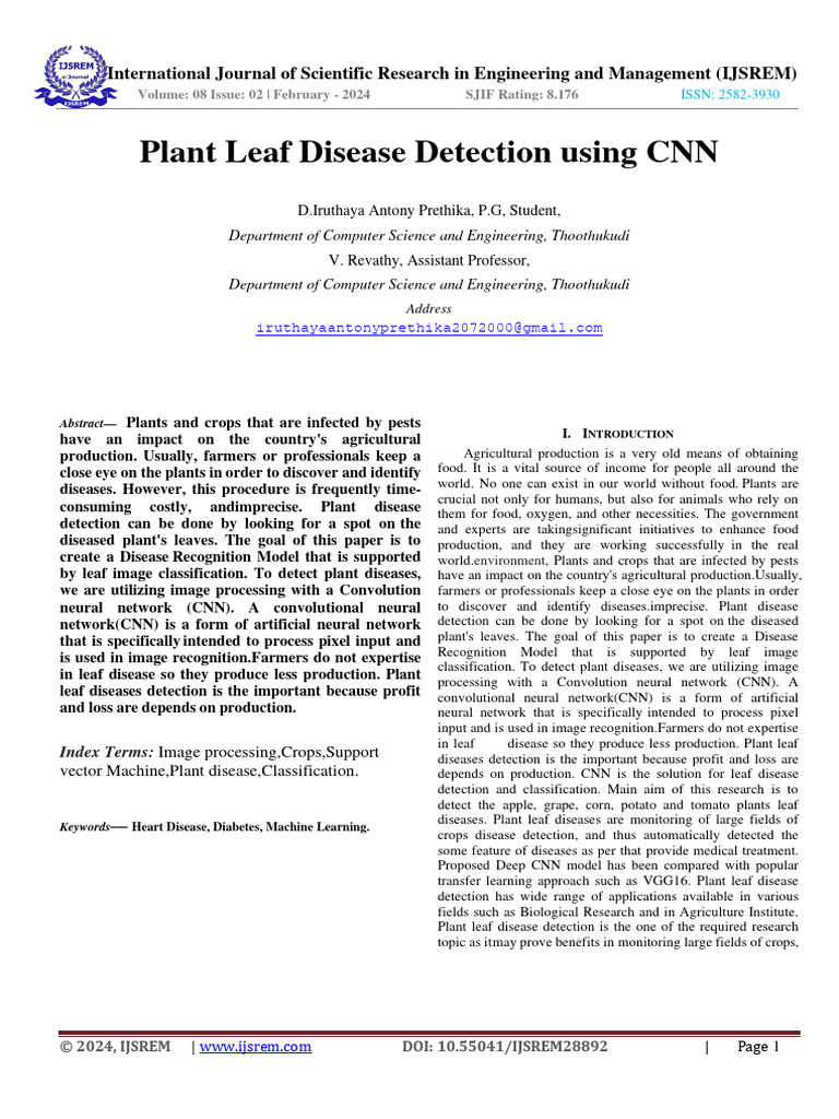 Plant Leaf Disease Detection Using CNN | PDF | Support Vector Machine ...