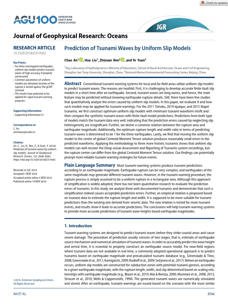 JGR Oceans - 2018 - An - Prediction of Tsunami Waves by Uniform Slip Models | PDF | Earthquakes ...