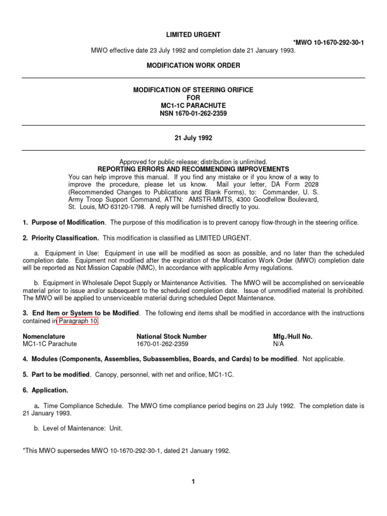 MC1-1C Parachute Modification Order | PDF | Seam (Sewing)
