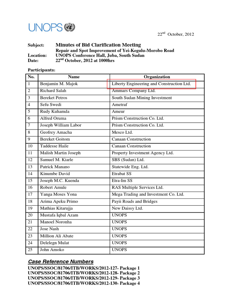 UNOPS Bid Clarification Meeting Sample - Liberty Engineering & Construction Ltd. As of A ...