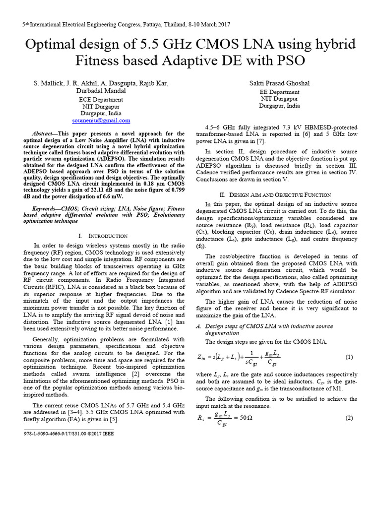 Optimal Design of 5.5 GHZ CMOS LNA Using Hybrid Fitness Based Adaptive de With PSO | PDF ...