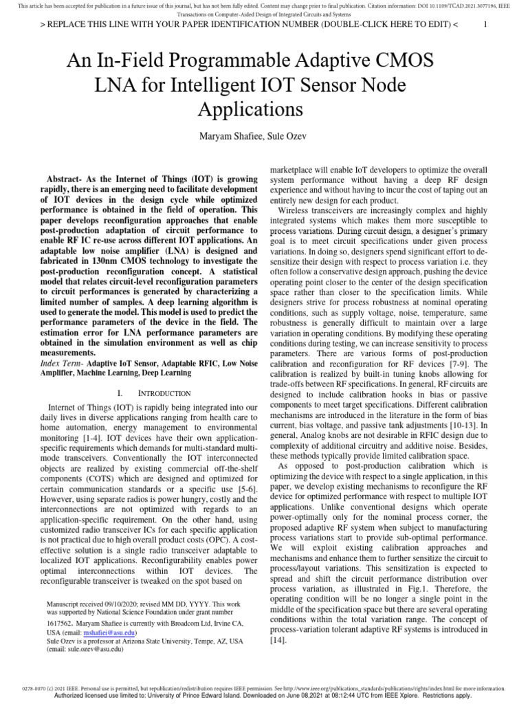 An In-Field Programmable Adaptive CMOS LNA For Intelligent IoT Sensor ...