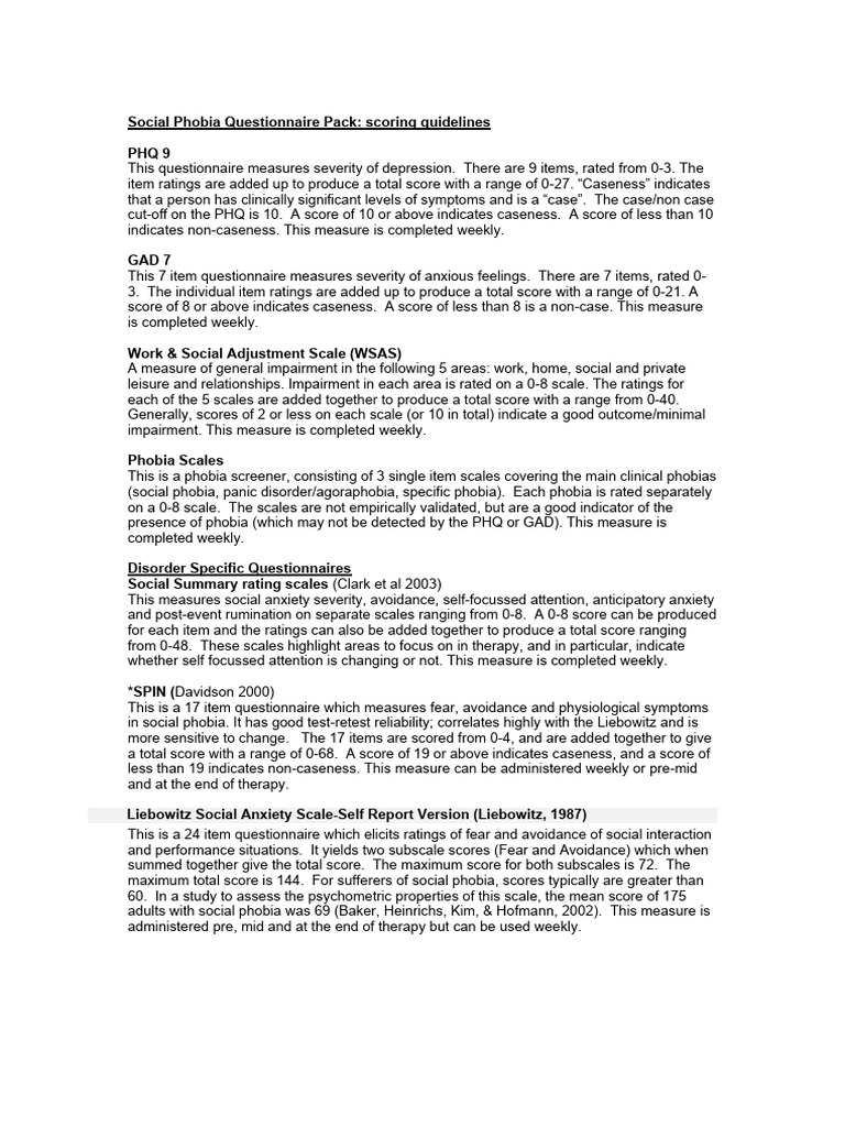 Social Phobia Questionnaire Guidelines | PDF | Social Anxiety Disorder ...