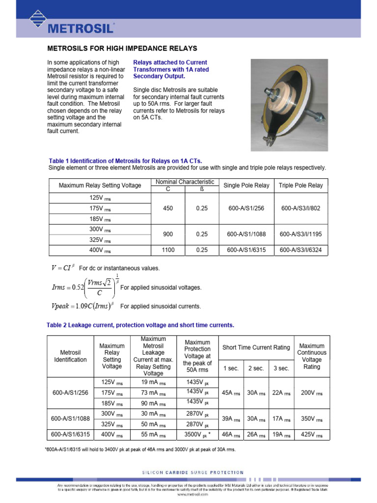 Metrosil Res Table | PDF | Relay | Electrical Impedance