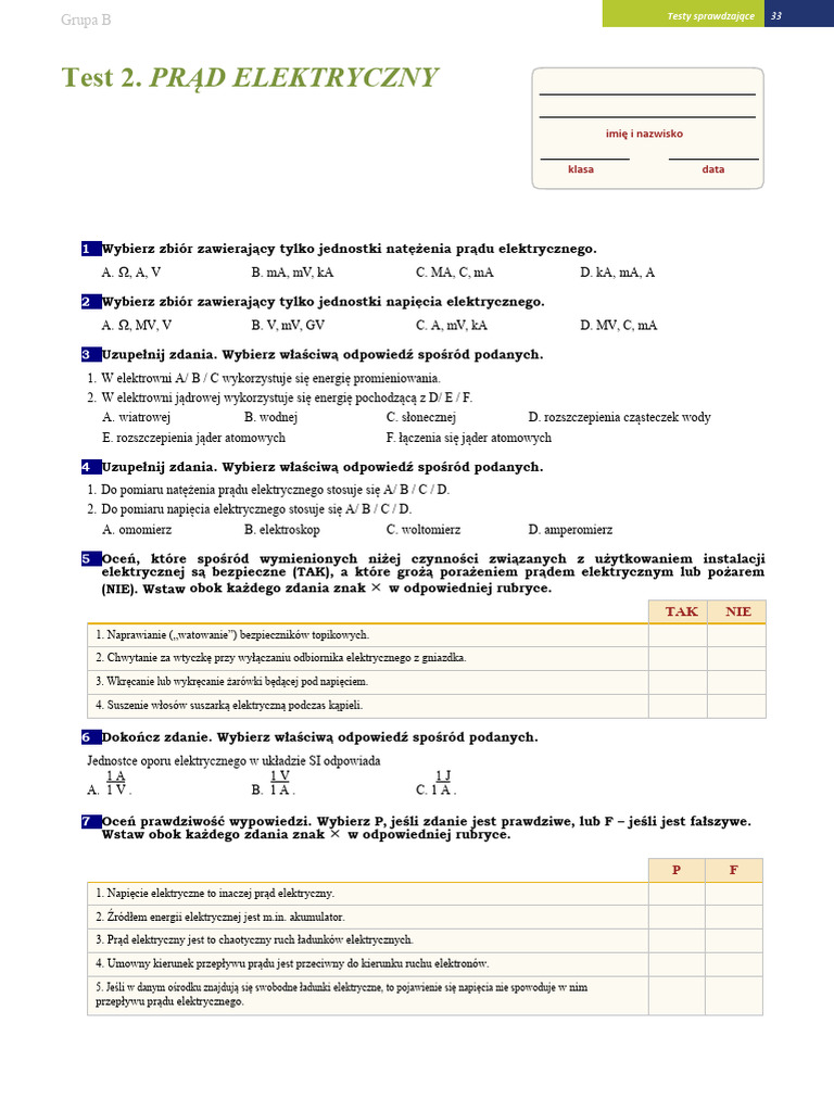 Test Sprawdzajacy Prad Elektryczny | PDF