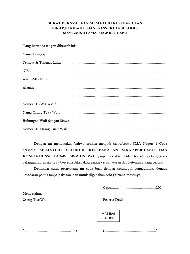 SURAT PERNYATAAN MEMATUHI KESEPAKATAN SIKAP | PDF