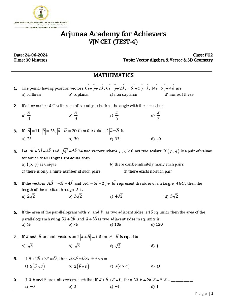 CLASS-XII-CET-MATHEMATICS-24-06-2024 | PDF | Triangle | Line (Geometry)