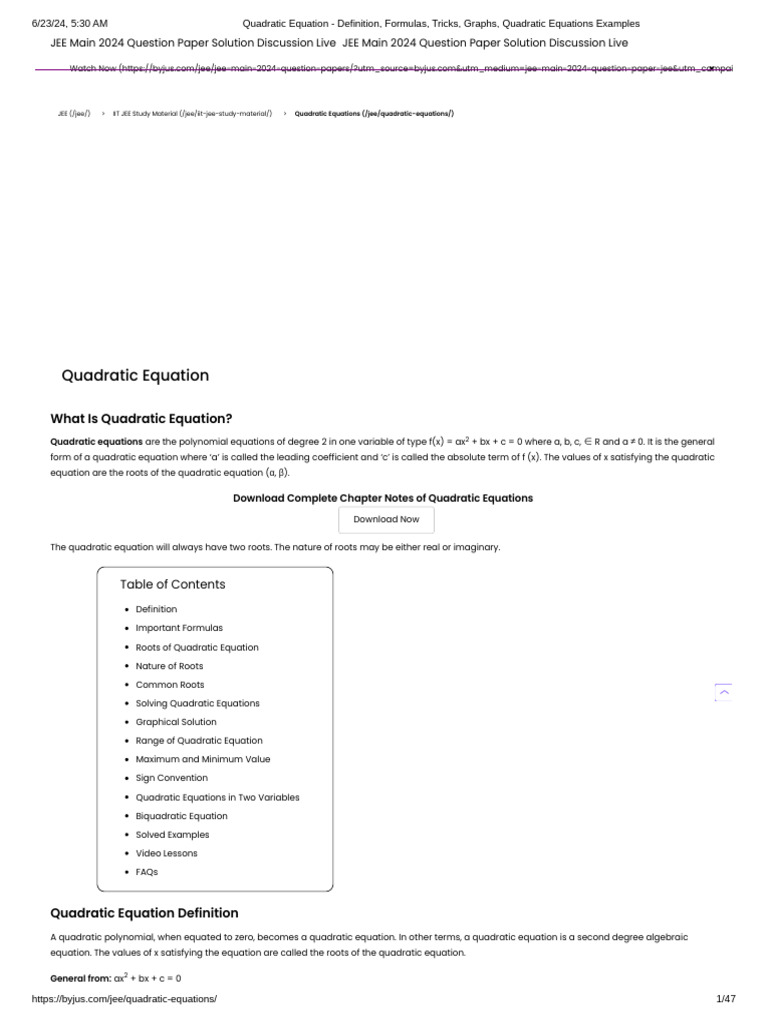 Quadratic Equations: Definitions & Formulas | PDF | Quadratic Equation | Equations