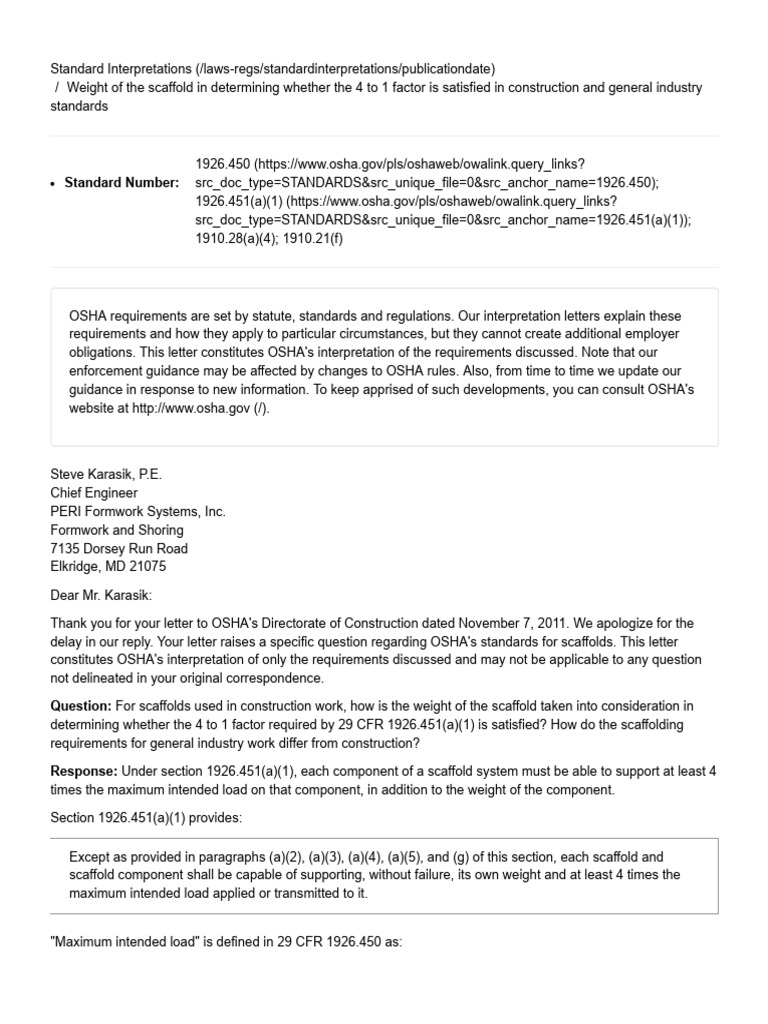 Scaffold Load Capacity Reqmt OSHA LTR of Interp | PDF | Occupational ...