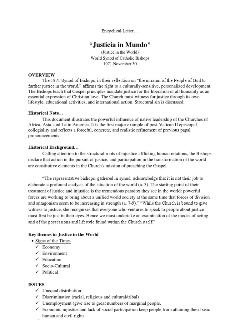 "Justicia in Mundo": (Justice in The World) World Synod of Catholic ...