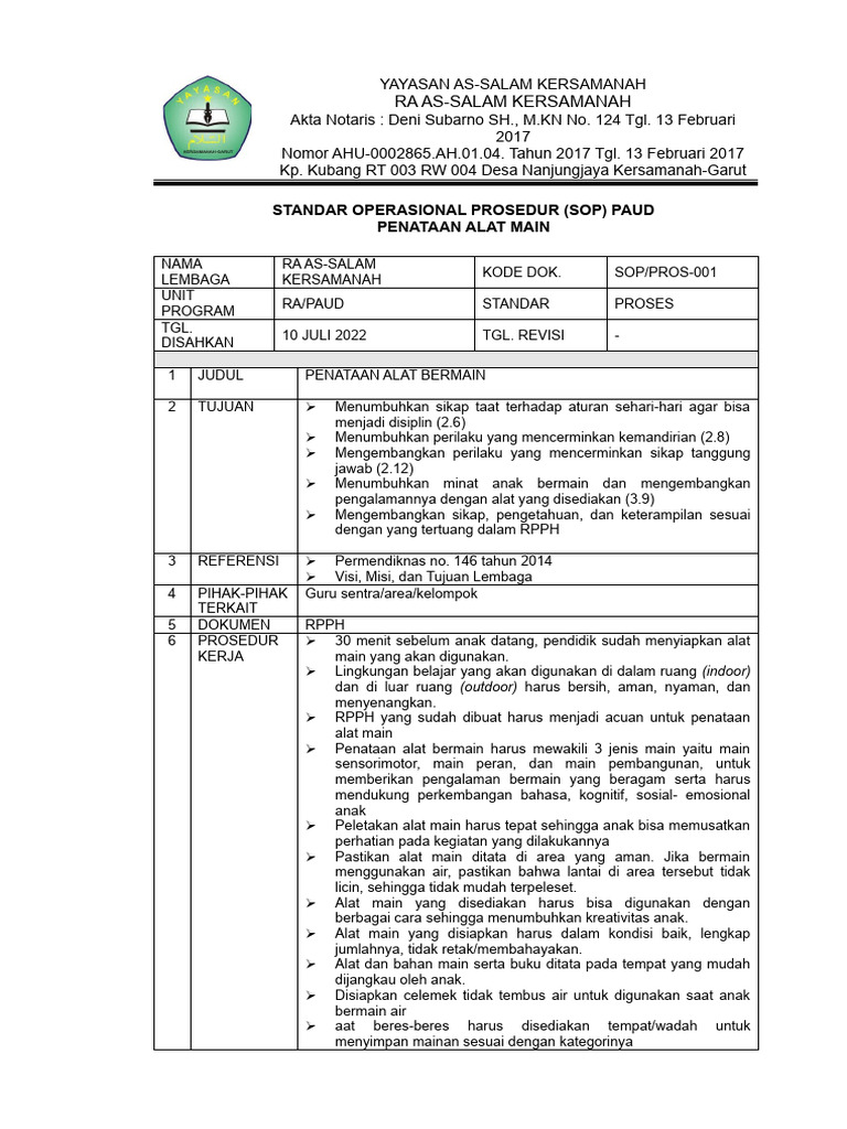 1 Sop Paud Penataan Alat Main | PDF