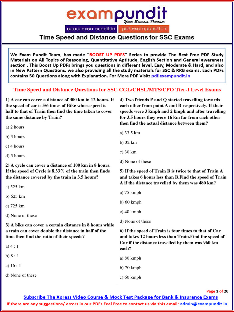 SSC Time Speed and Distance Questions | PDF | Speed | Velocity