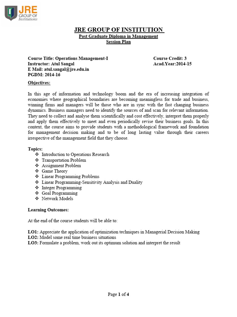 OR Session Plan 2014-15 To Atul | PDF | Linear Programming ...