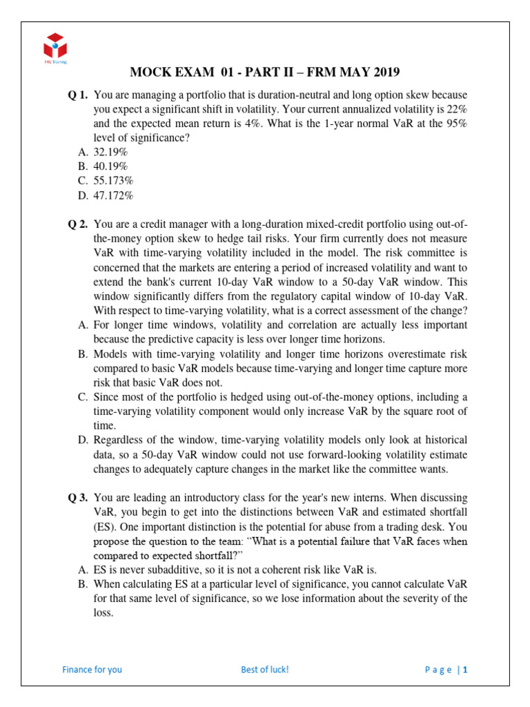 FRM Part II - Mock Exam 01 - F4U Center | PDF | Value At Risk ...