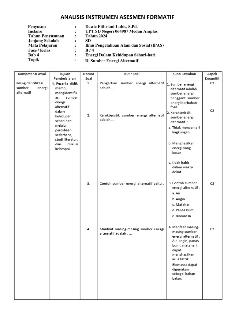 Analisis Instrumen Asesmen Formatif Sumber Energi Alternatif | PDF
