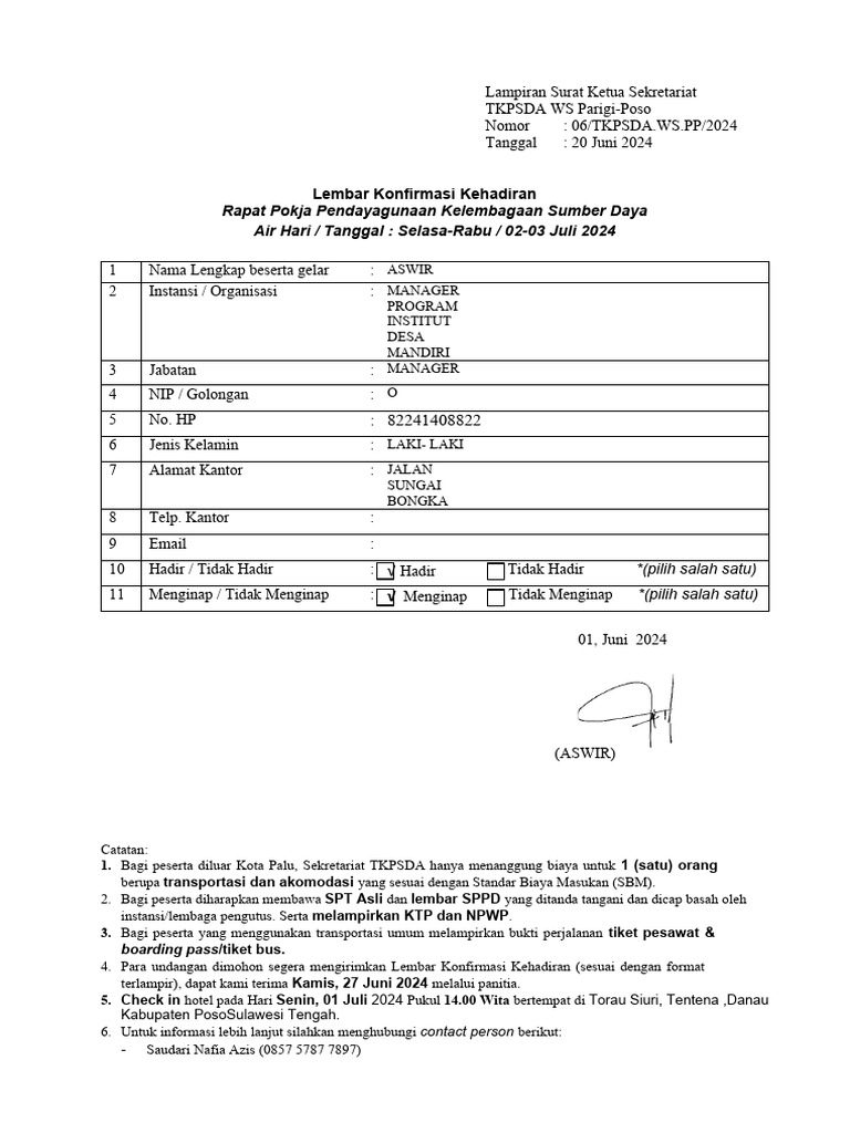 Konfirmasi Kehadiran Rapat TKPSDA 2024 | PDF