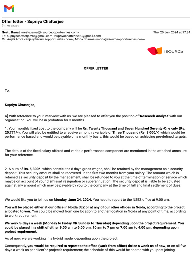Gmail - Offer Letter - Supriyo Chatterjee | PDF