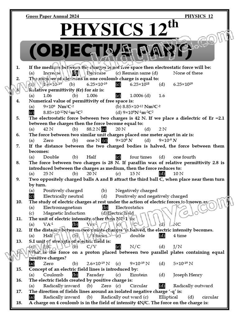 12th Class Guess Papers 2024 Phy Mcqs | PDF | Electromagnetic Induction | Inductance