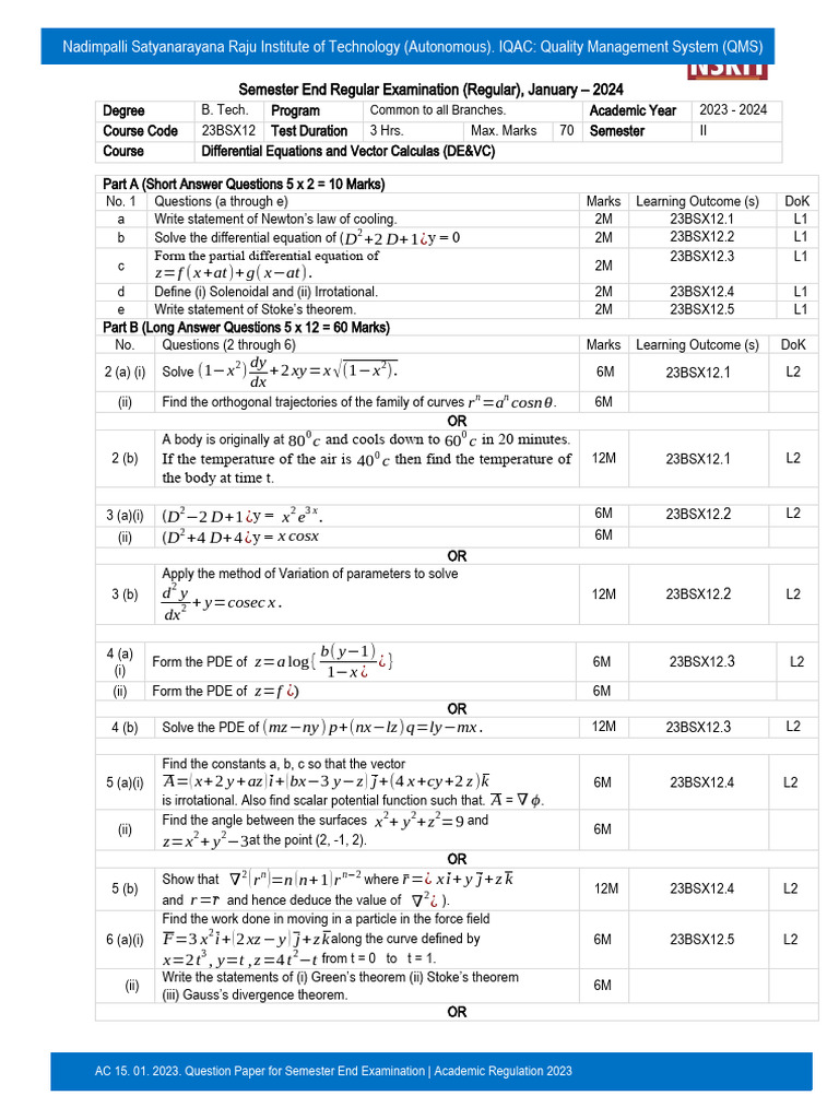 De & VC Model Paper (2024) (I - II) | PDF | Applied Mathematics | Equations