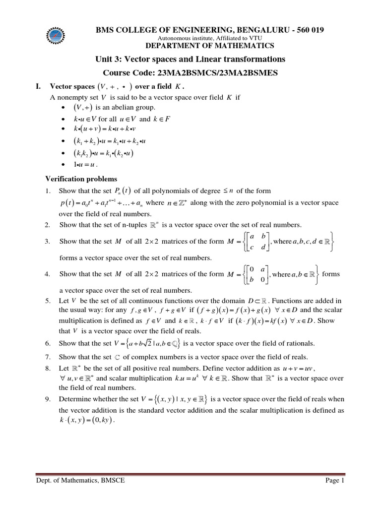 IISEM - 23ma2bsmes and Mcs Unit-3 Vector Space and Linear Transformations | PDF | Vector Space ...