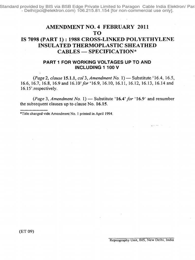Amendment No.4 February 2011 TO Is 7098 (Part 1) : 1988 Cross-Linked ...