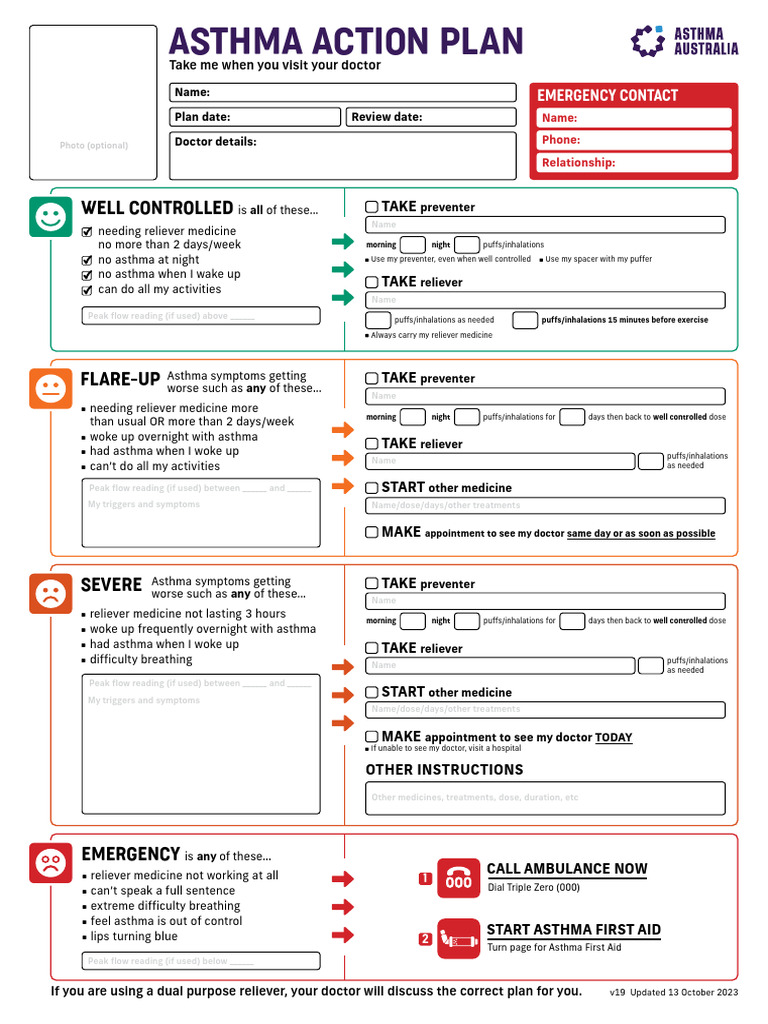 AA2023 Asthma-Action-Plan-A4 v19 Colour Editable | PDF | Asthma | Human ...
