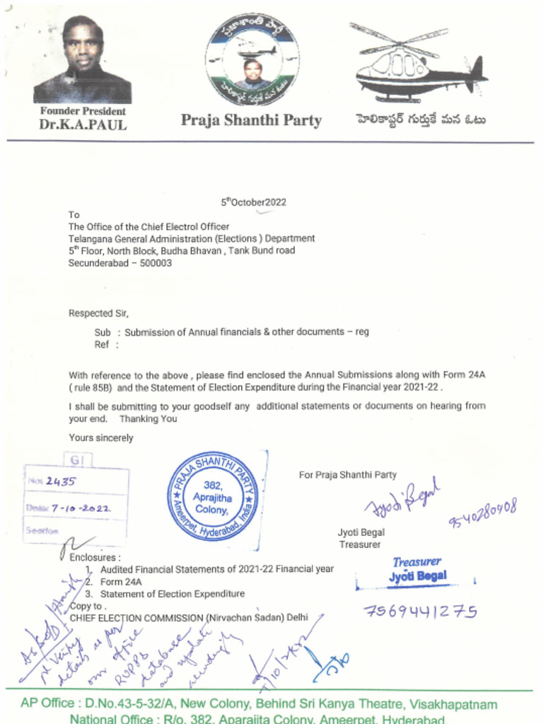PRAJA SHANTHI PARTY_2021-22(Form 24A & Audit Report) | PDF | Taxes ...
