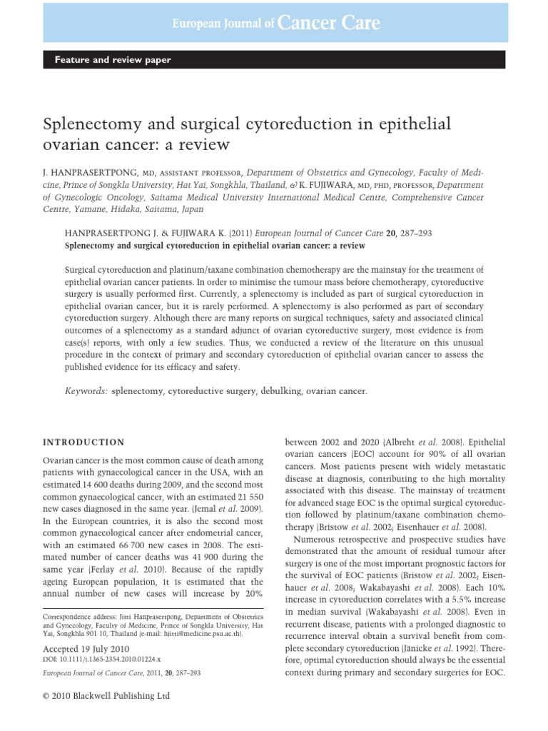Splenectomy and Surgical Cytoreduction in Epithelial | PDF | Ovarian ...