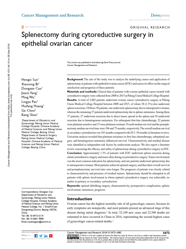 Splenectomy During Cytoreductive Surgery in | PDF | Ovarian Cancer ...