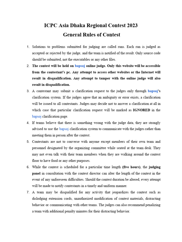 Onsite Rules of ICPC Asia Dhaka Regional Contest 2023 | PDF | Computer ...