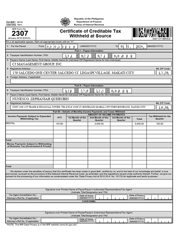 BIR2307 Jan 2018 ENCS v3 | PDF | Value Added Tax | Stocks