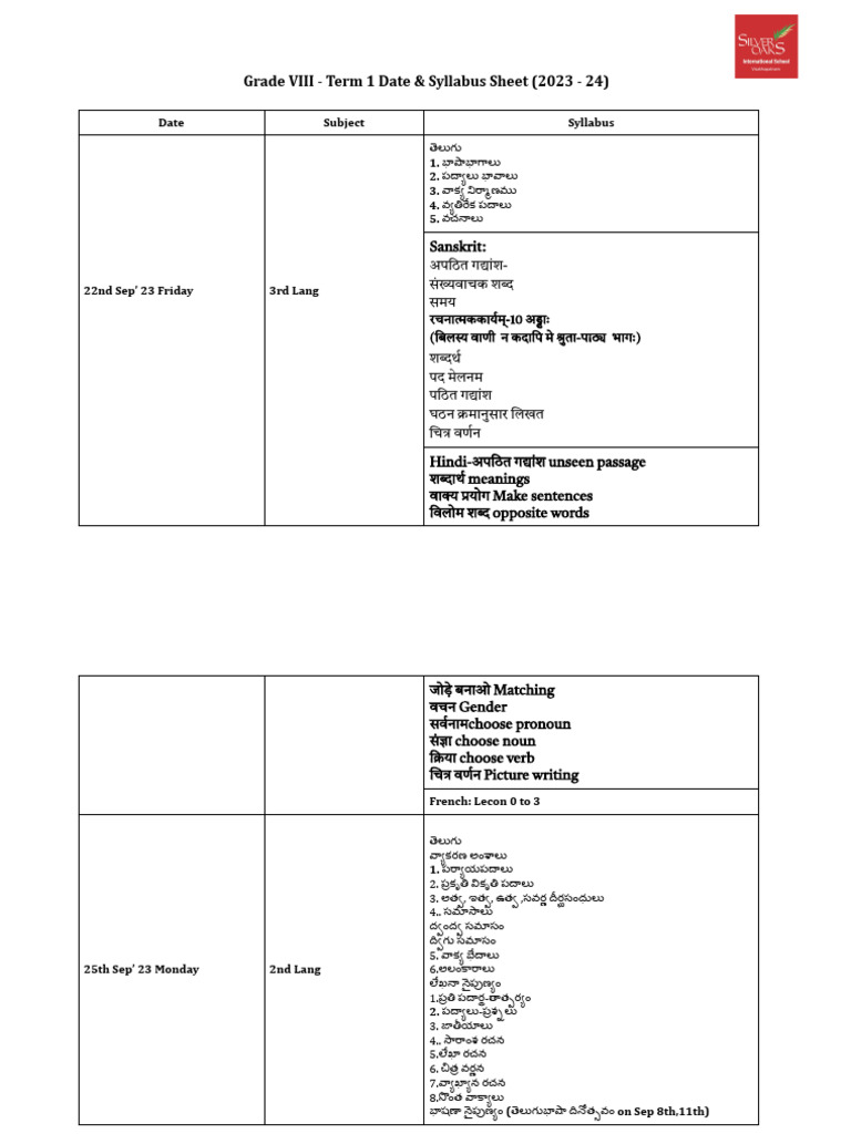 Grade VIII - Term 1 Date & Syllabus Sheet (2023 - 24) | PDF