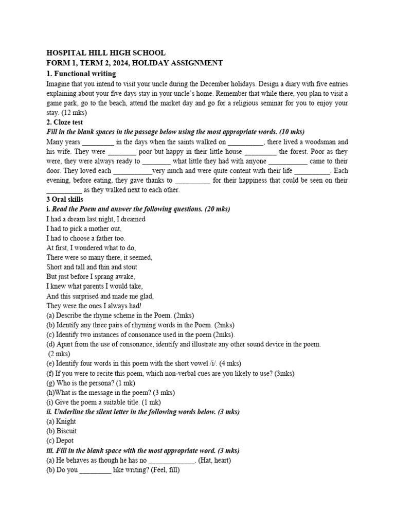 Form 1 English June Mid-Term Holiday Assignment | PDF | Poetry | Linguistics
