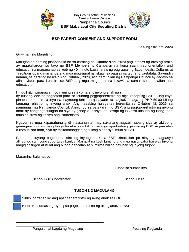 BSP Activities Parent Consent and Support Form | PDF