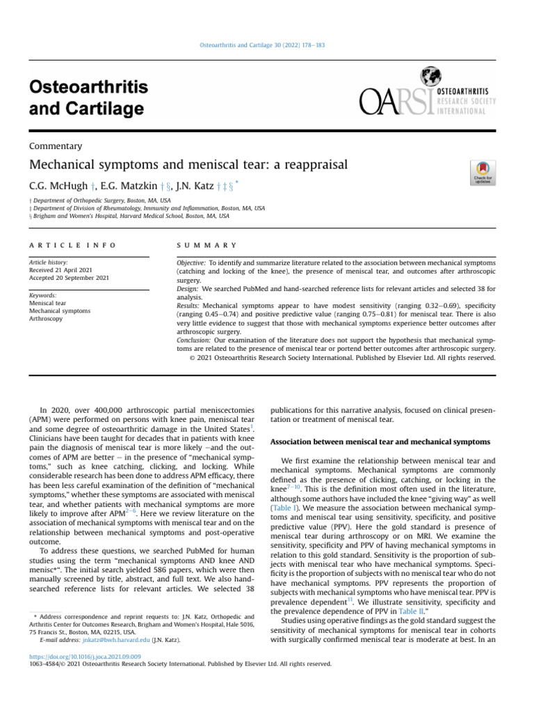 Mechanical Symptoms and Meniscal Tear A Reapprais | PDF ...
