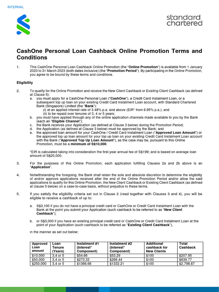 CashOne Personal Loan Cashback Terms | PDF | Credit Card | Banks